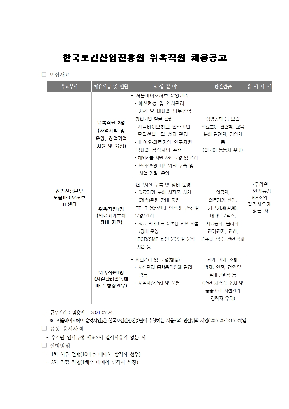 한국보건산업진흥원 서울바이오허브 위촉직원 임시직 채용공고